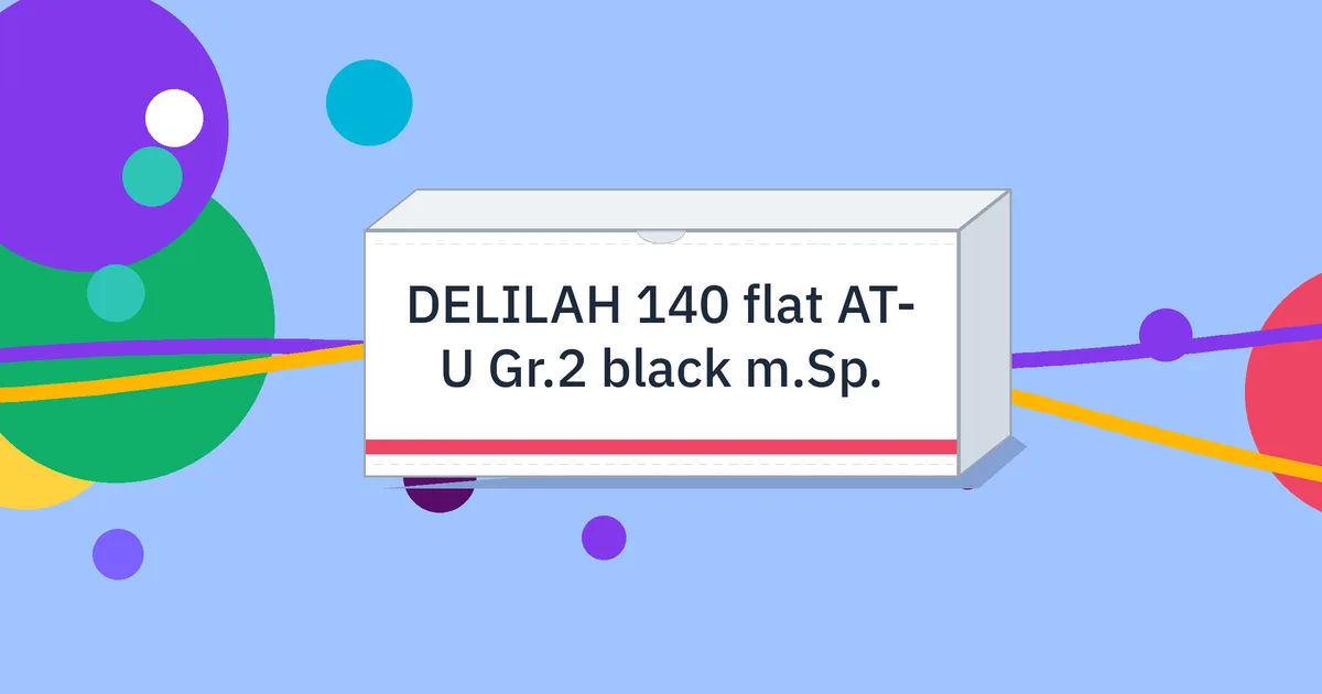 Symbolbild: Packung mit der Aufschrift DELILAH 140 flat AT-U Gr.2 black m.Sp. (PZN 14248330) – Verfügbarkeit und Bezug in Apotheken in Frankfurt am Main