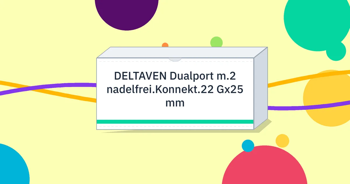Symbolbild: Packung mit der Aufschrift DELTAVEN Dualport m.2 nadelfrei.Konnekt.22 Gx25 mm (PZN 20365399) – Verfügbarkeit und Bezug in Apotheken in Frankfurt am Main