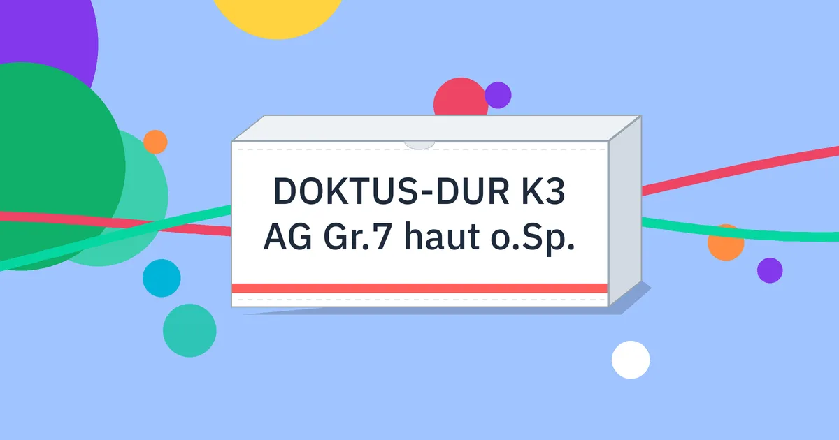 Symbolbild: Packung mit der Aufschrift DOKTUS-DUR K3 AG Gr.7 haut o.Sp. (PZN 00597222) – Verfügbarkeit und Bezug in Apotheken in Frankfurt am Main