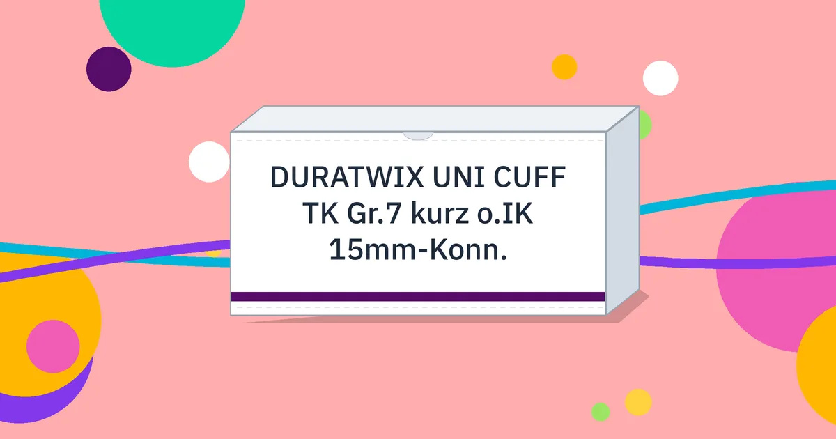 Symbolbild: Packung mit der Aufschrift DURATWIX UNI CUFF TK Gr.7 kurz o.IK 15mm-Konn. (PZN 06963774) – Verfügbarkeit und Bezug in Apotheken in Frankfurt am Main