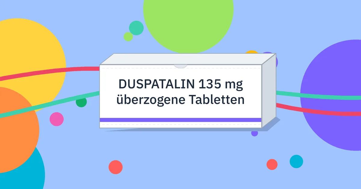 Symbolbild: Packung mit der Aufschrift DUSPATALIN 135 mg überzogene Tabletten (PZN 16352899) – Verfügbarkeit und Bezug in Apotheken in Frankfurt am Main