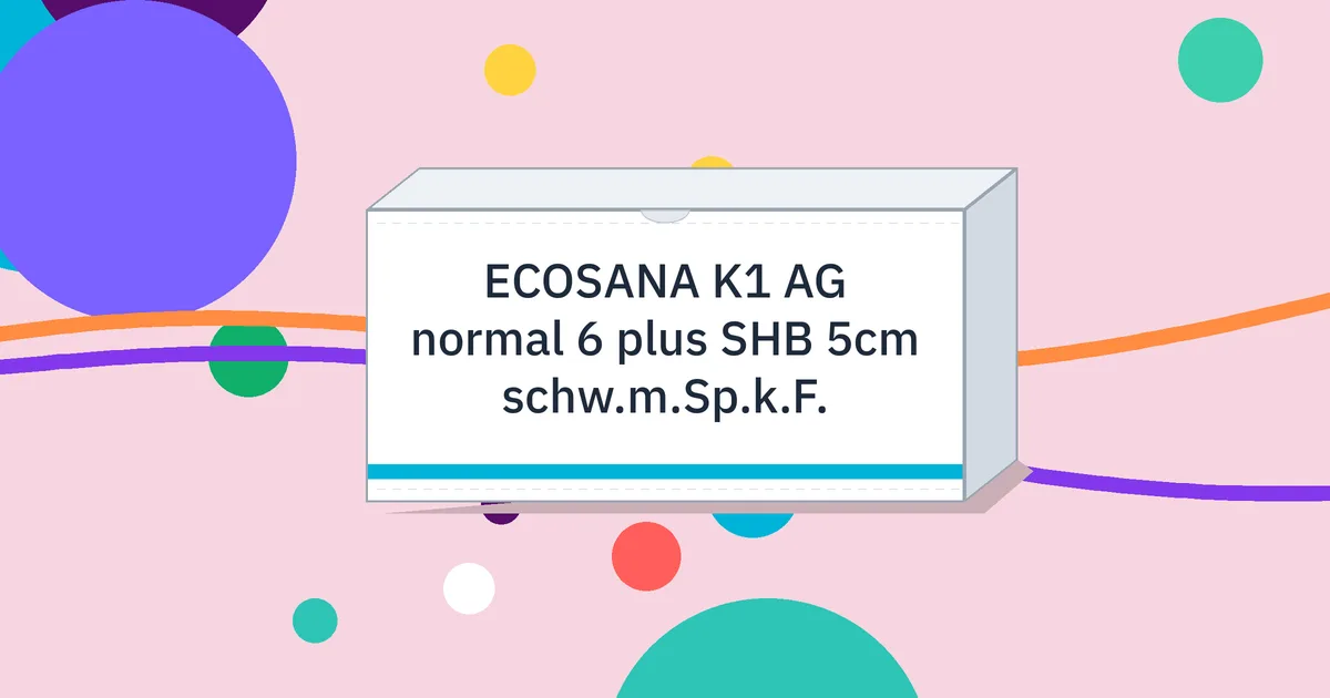 Symbolbild: Packung mit der Aufschrift ECOSANA K1 AG normal 6 plus SHB 5cm schw.m.Sp.k.F. (PZN 04729695) – Verfügbarkeit und Bezug in Apotheken in Frankfurt am Main