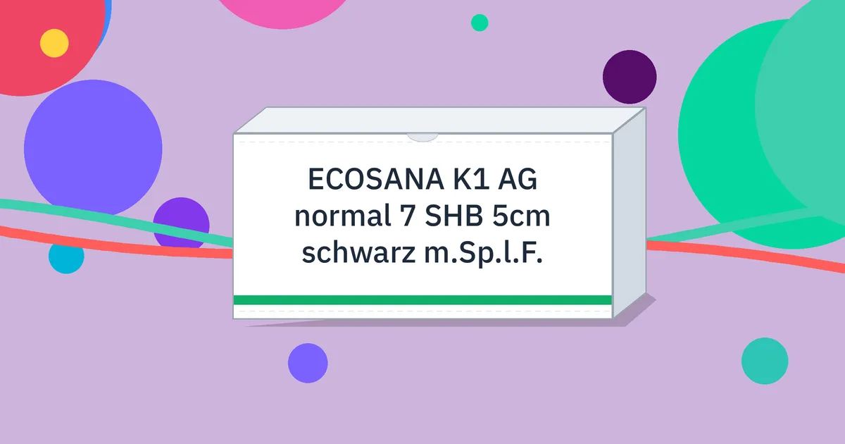 Symbolbild: Packung mit der Aufschrift ECOSANA K1 AG normal 7 SHB 5cm schwarz m.Sp.l.F. (PZN 04730385) – Verfügbarkeit und Bezug in Apotheken in Frankfurt am Main