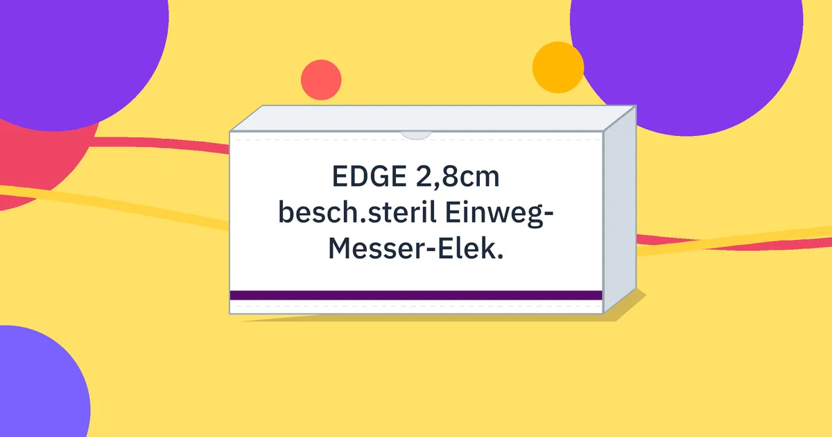 Symbolbild: Packung mit der Aufschrift EDGE 2,8cm besch.steril Einweg-Messer-Elek. (PZN 16050566) – Verfügbarkeit und Bezug in Apotheken in Frankfurt am Main