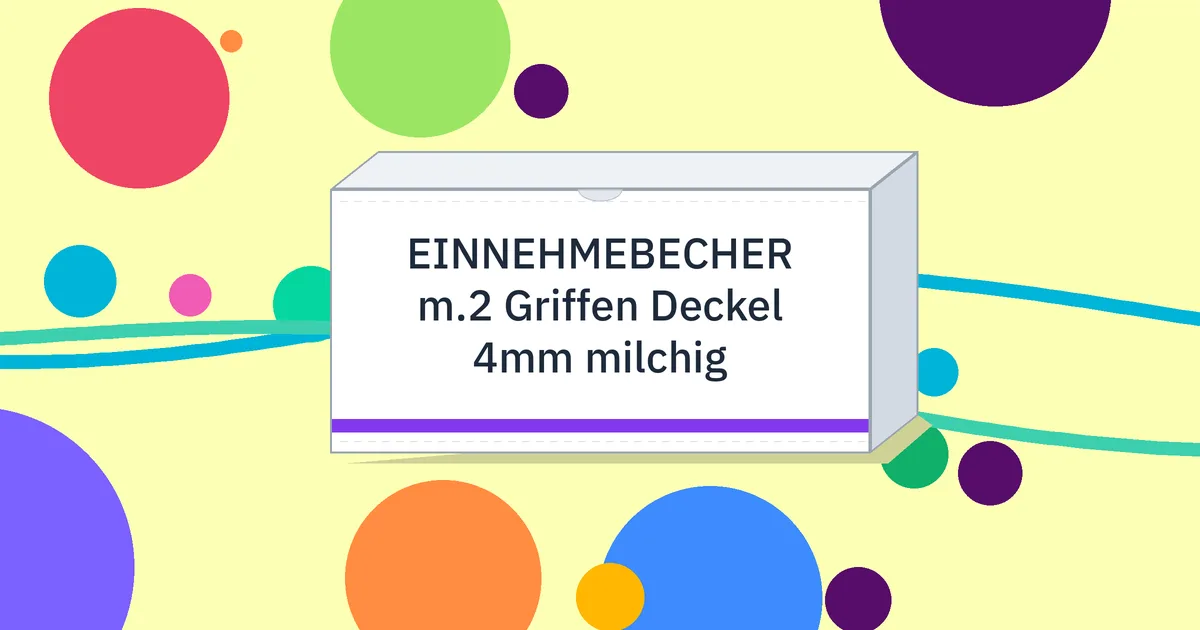Symbolbild: Packung mit der Aufschrift EINNEHMEBECHER m.2 Griffen Deckel 4mm milchig (PZN 10121644) – Verfügbarkeit und Bezug in Apotheken in Frankfurt am Main