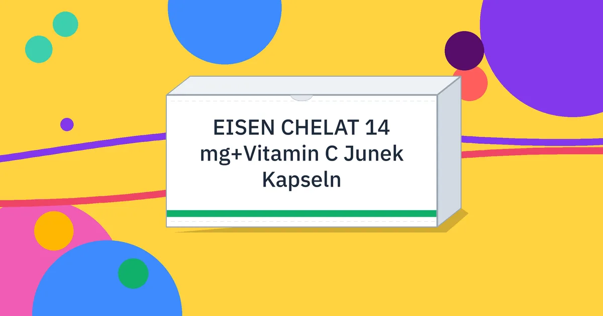 Symbolbild: Packung mit der Aufschrift EISEN CHELAT 14 mg+Vitamin C Junek Kapseln (PZN 10082298) – Verfügbarkeit und Bezug in Apotheken in Frankfurt am Main