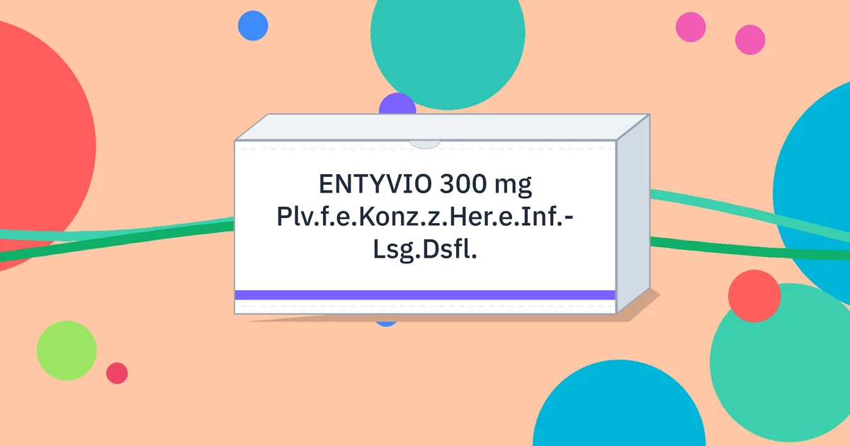 Symbolbild: Packung mit der Aufschrift ENTYVIO 300 mg Plv.f.e.Konz.z.Her.e.Inf.-Lsg.Dsfl. (PZN 16869378) – Verfügbarkeit und Bezug in Apotheken in Frankfurt am Main