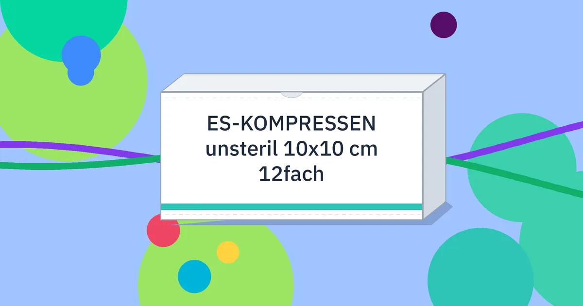 Symbolbild: Packung mit der Aufschrift ES-KOMPRESSEN unsteril 10x10 cm 12fach (PZN 16906062) – Verfügbarkeit und Bezug in Apotheken in Frankfurt am Main