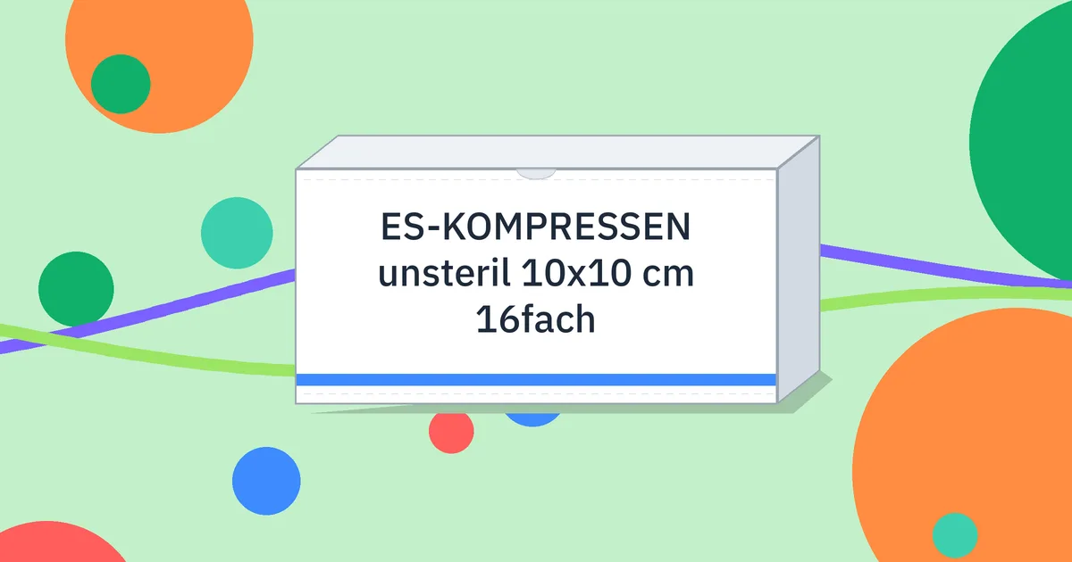 Symbolbild: Packung mit der Aufschrift ES-KOMPRESSEN unsteril 10x10 cm 16fach (PZN 18427762) – Verfügbarkeit und Bezug in Apotheken in Frankfurt am Main