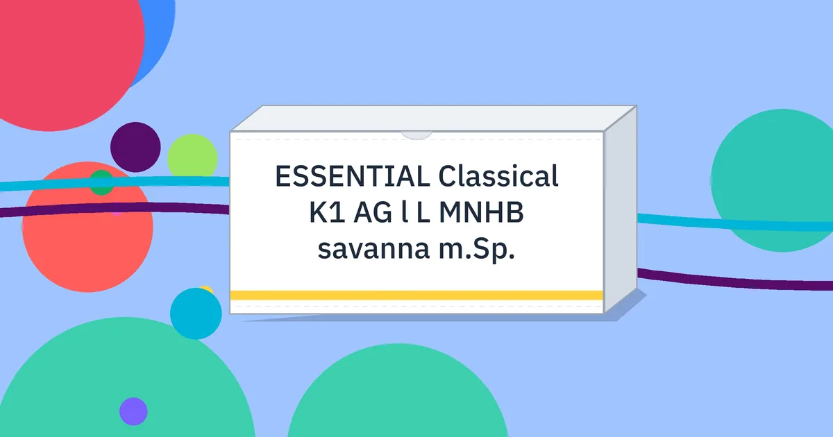 Symbolbild: Packung mit der Aufschrift ESSENTIAL Classical K1 AG l L MNHB savanna m.Sp. (PZN 19320629) – Verfügbarkeit und Bezug in Apotheken in Frankfurt am Main