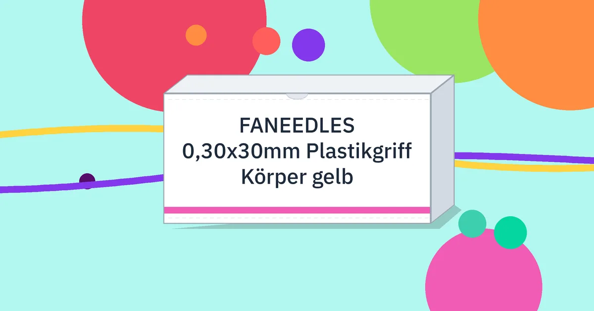 Symbolbild: Packung mit der Aufschrift FANEEDLES 0,30x30mm Plastikgriff Körper gelb (PZN 20044896) – Verfügbarkeit und Bezug in Apotheken in Frankfurt am Main