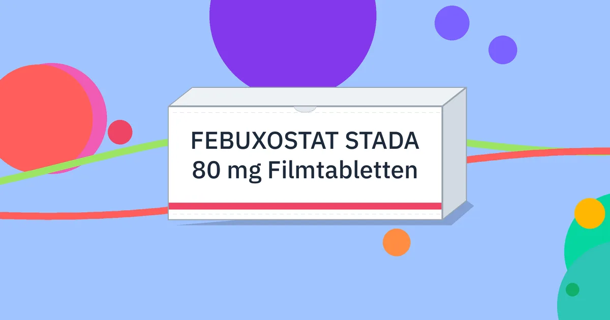 Symbolbild: Packung mit der Aufschrift FEBUXOSTAT STADA 80 mg Filmtabletten (PZN 16395621) – Verfügbarkeit und Bezug in Apotheken in Frankfurt am Main