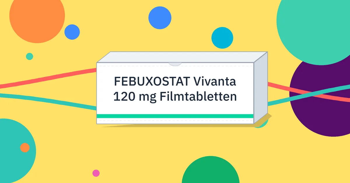 Symbolbild: Packung mit der Aufschrift FEBUXOSTAT Vivanta 120 mg Filmtabletten (PZN 16663205) – Verfügbarkeit und Bezug in Apotheken in Frankfurt am Main
