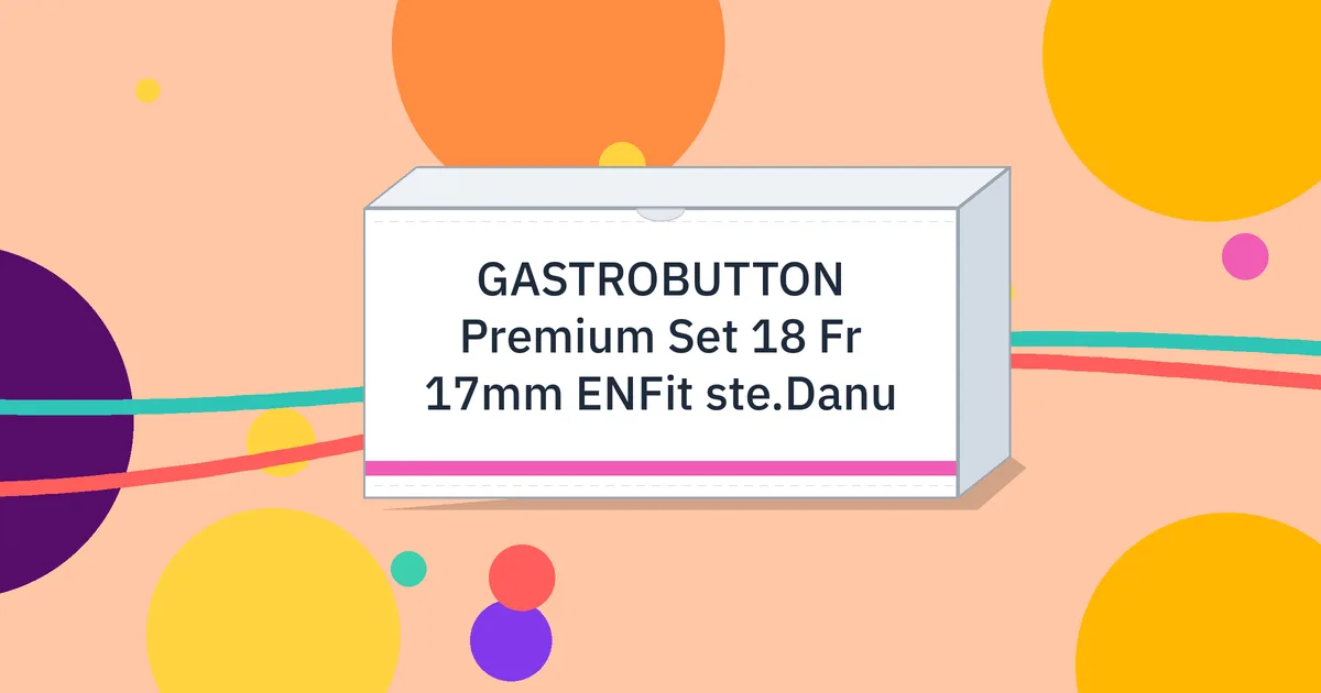 Symbolbild: Packung mit der Aufschrift GASTROBUTTON Premium Set 18 Fr 17mm ENFit ste.Danu (PZN 16883786) – Verfügbarkeit und Bezug in Apotheken in Frankfurt am Main