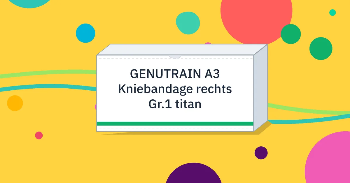 Symbolbild: Packung mit der Aufschrift GENUTRAIN A3 Kniebandage rechts Gr.1 titan (PZN 01071775) – Verfügbarkeit und Bezug in Apotheken in Frankfurt am Main