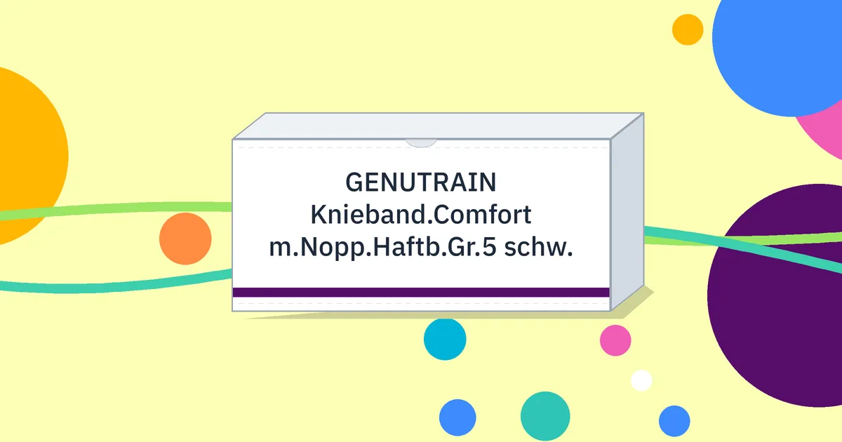 Symbolbild: Packung mit der Aufschrift GENUTRAIN Knieband.Comfort m.Nopp.Haftb.Gr.5 schw. (PZN 20040088) – Verfügbarkeit und Bezug in Apotheken in Frankfurt am Main