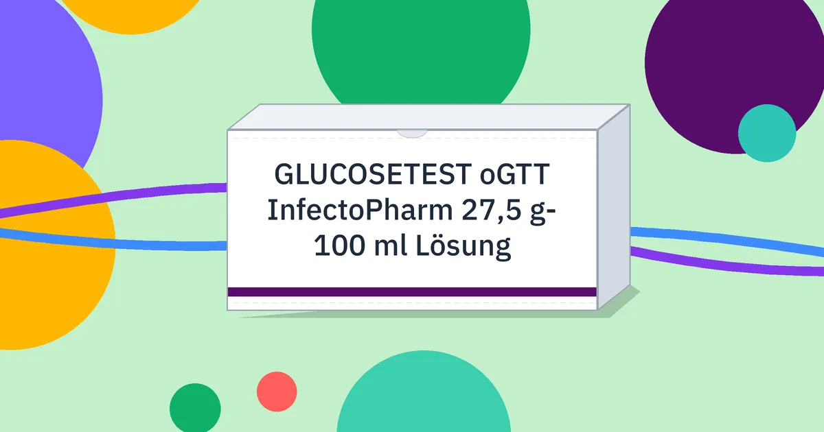 Symbolbild: Packung mit der Aufschrift GLUCOSETEST oGTT InfectoPharm 27,5 g-100 ml Lösung (PZN 18319765) – Verfügbarkeit und Bezug in Apotheken in Frankfurt am Main