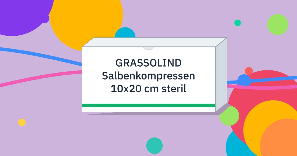 Symbolbild: Packung mit der Aufschrift GRASSOLIND Salbenkompressen 10x20 cm steril (PZN 18083707) – Verfügbarkeit und Bezug in Apotheken in Frankfurt am Main