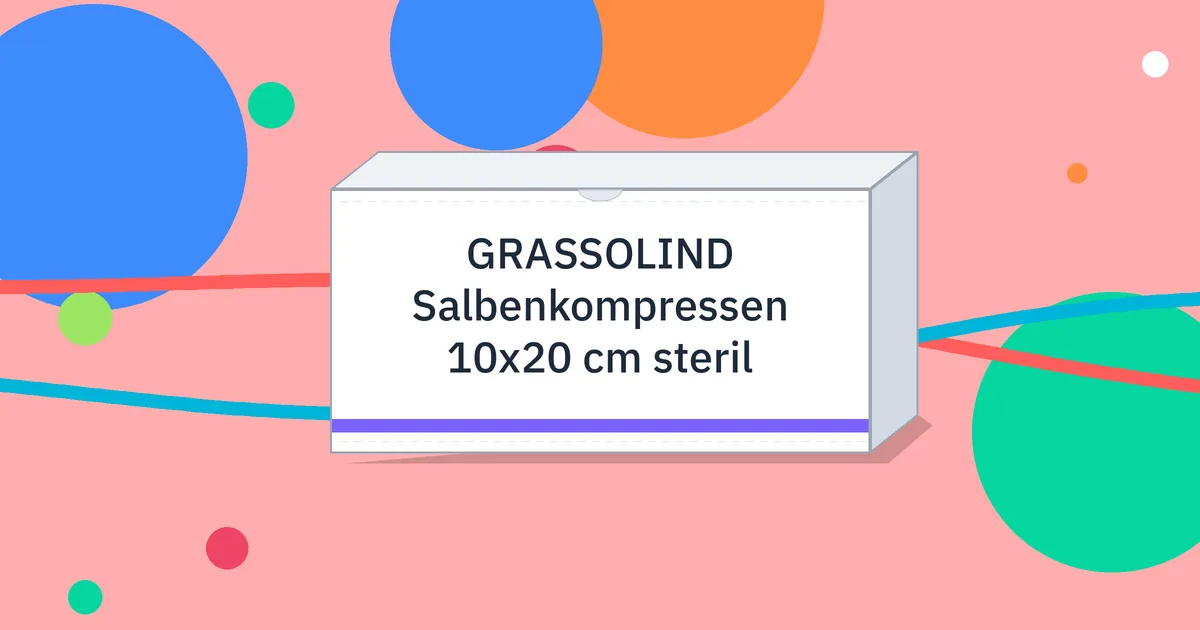 Symbolbild: Packung mit der Aufschrift GRASSOLIND Salbenkompressen 10x20 cm steril (PZN 18879547) – Verfügbarkeit und Bezug in Apotheken in Frankfurt am Main