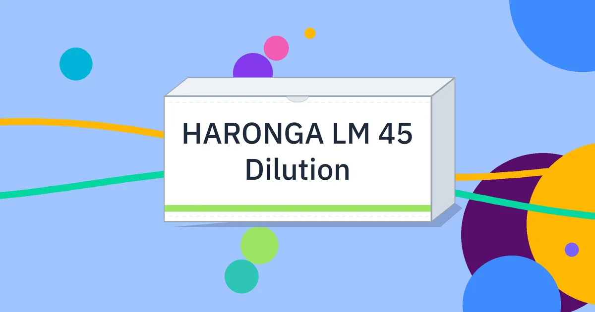 Symbolbild: Packung mit der Aufschrift HARONGA LM 45 Dilution (PZN 13550498) – Verfügbarkeit und Bezug in Apotheken in Frankfurt am Main