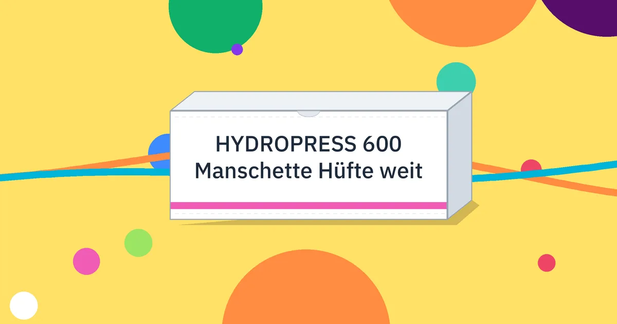 Symbolbild: Packung mit der Aufschrift HYDROPRESS 600 Manschette Hüfte weit (PZN 08610732) – Verfügbarkeit und Bezug in Apotheken in Frankfurt am Main