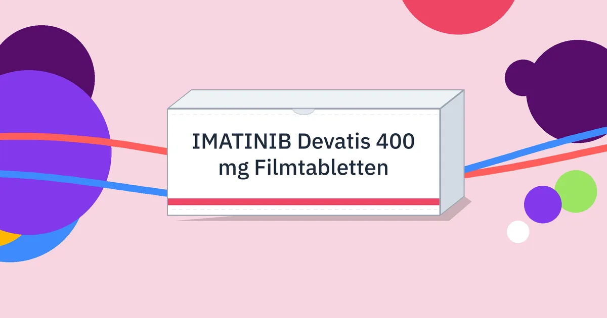 Symbolbild: Packung mit der Aufschrift IMATINIB Devatis 400 mg Filmtabletten (PZN 12345075) – Verfügbarkeit und Bezug in Apotheken in Frankfurt am Main