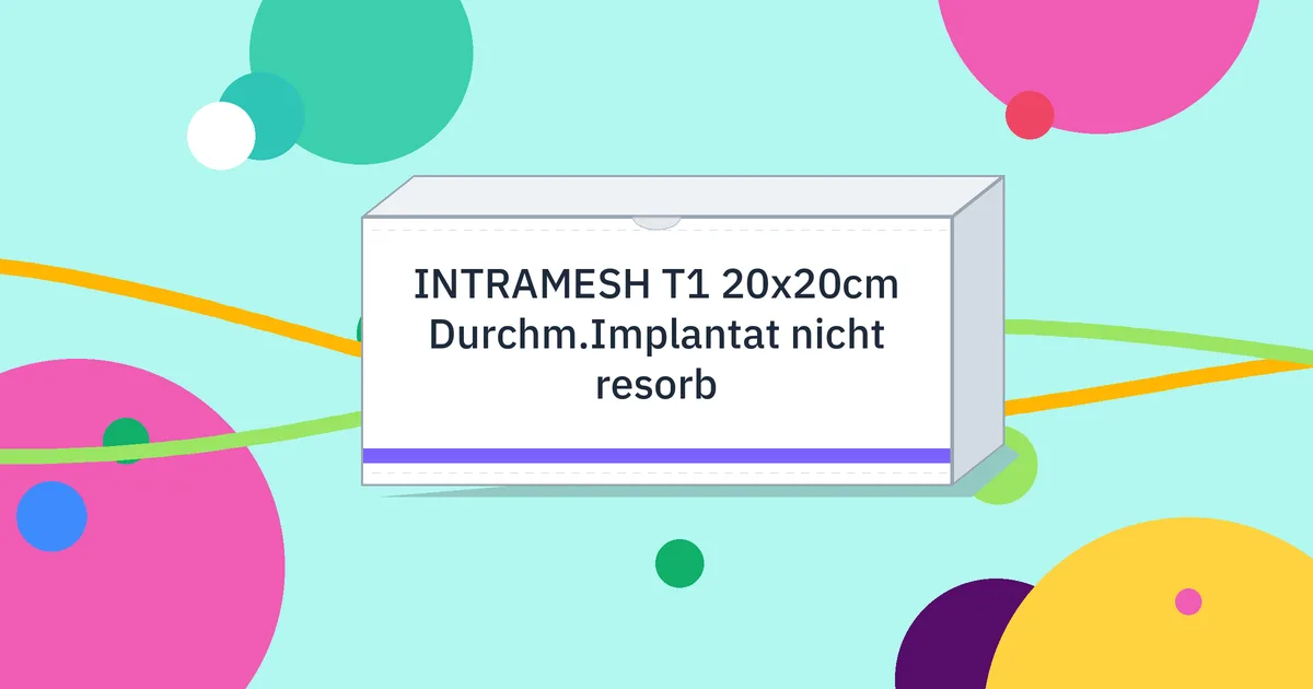 Symbolbild: Packung mit der Aufschrift INTRAMESH T1 20x20cm Durchm.Implantat nicht resorb (PZN 19504944) – Verfügbarkeit und Bezug in Apotheken in Frankfurt am Main