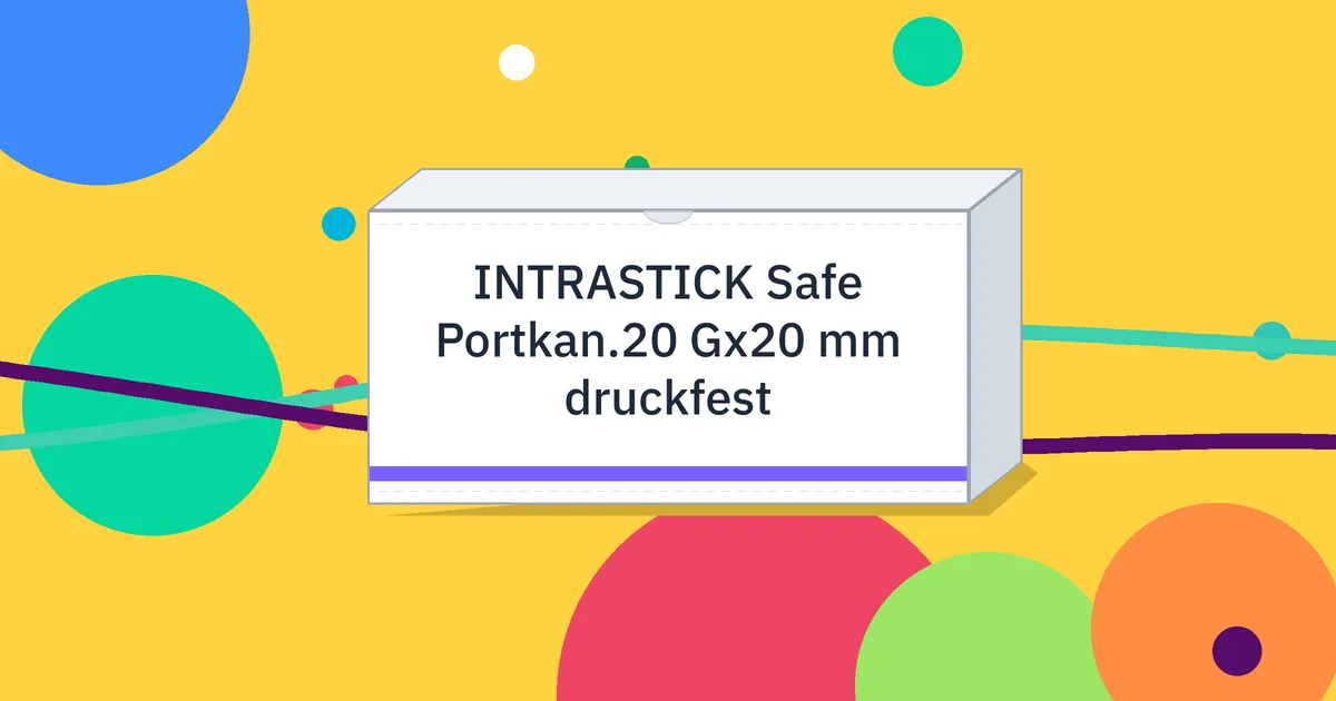 Symbolbild: Packung mit der Aufschrift INTRASTICK Safe Portkan.20 Gx20 mm druckfest (PZN 09315053) – Verfügbarkeit und Bezug in Apotheken in Frankfurt am Main