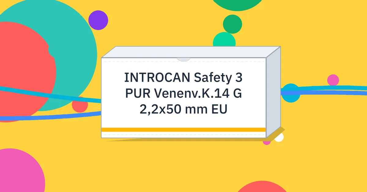 Symbolbild: Packung mit der Aufschrift INTROCAN Safety 3 PUR Venenv.K.14 G 2,2x50 mm EU (PZN 16032048) – Verfügbarkeit und Bezug in Apotheken in Frankfurt am Main