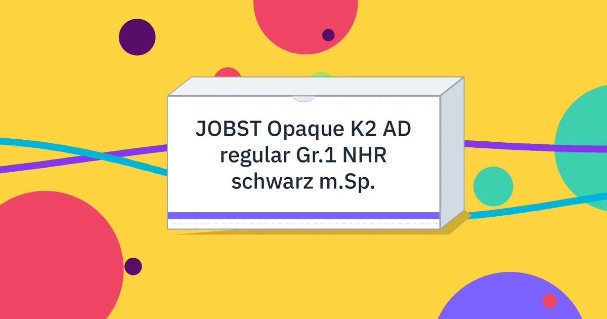 Symbolbild: Packung mit der Aufschrift JOBST Opaque K2 AD regular Gr.1 NHR schwarz m.Sp. (PZN 13110629) – Verfügbarkeit und Bezug in Apotheken in Frankfurt am Main