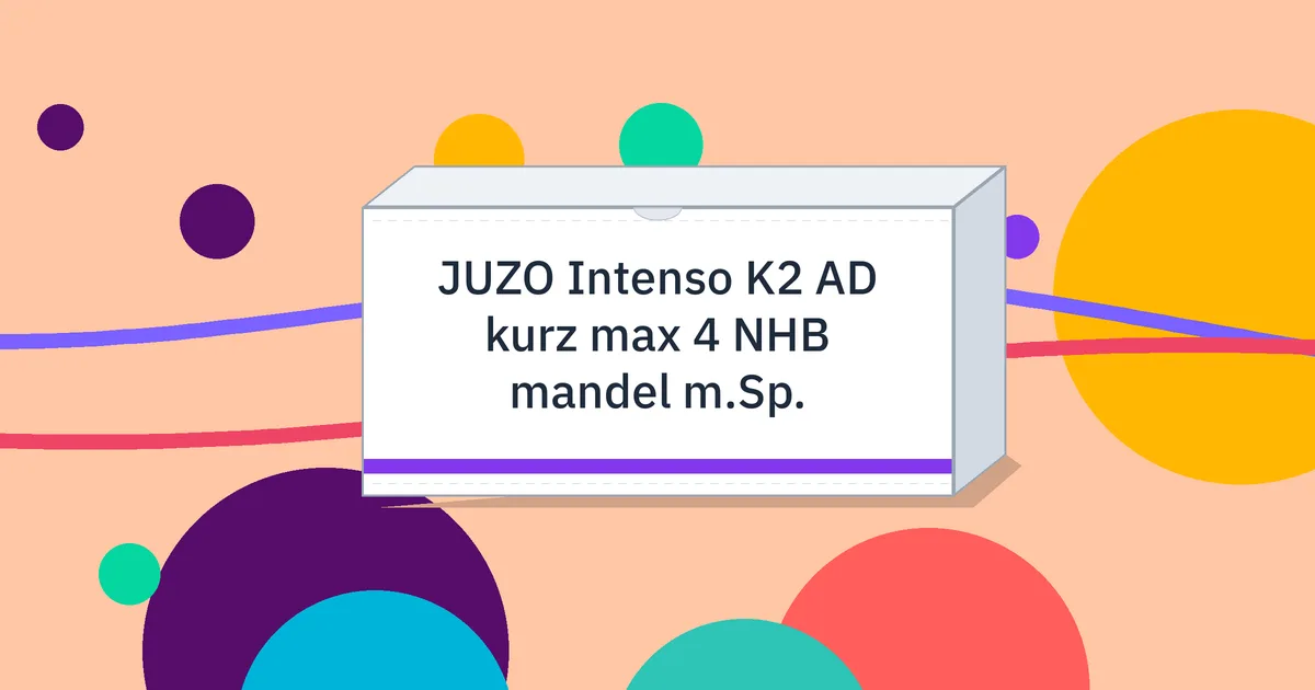 Symbolbild: Packung mit der Aufschrift JUZO Intenso K2 AD kurz max 4 NHB mandel m.Sp. (PZN 18612324) – Verfügbarkeit und Bezug in Apotheken in Frankfurt am Main