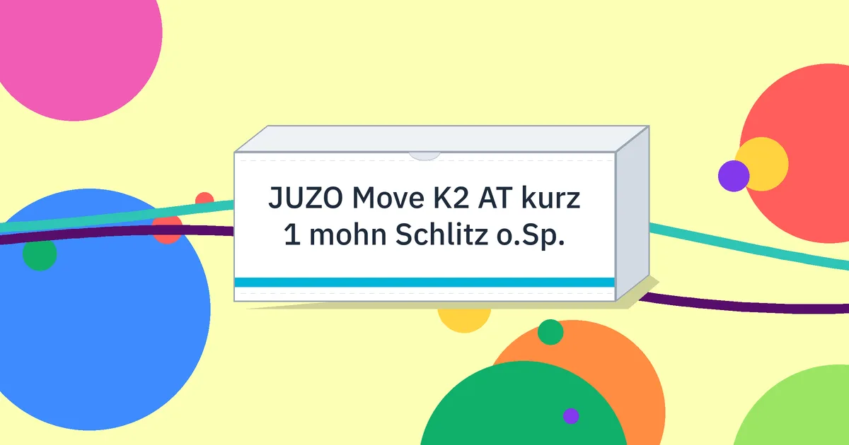 Symbolbild: Packung mit der Aufschrift JUZO Move K2 AT kurz 1 mohn Schlitz o.Sp. (PZN 20676627) – Verfügbarkeit und Bezug in Apotheken in Frankfurt am Main