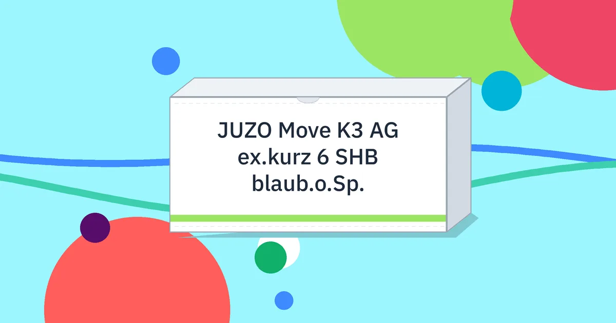 Symbolbild: Packung mit der Aufschrift JUZO Move K3 AG ex.kurz 6 SHB blaub.o.Sp. (PZN 18597174) – Verfügbarkeit und Bezug in Apotheken in Frankfurt am Main