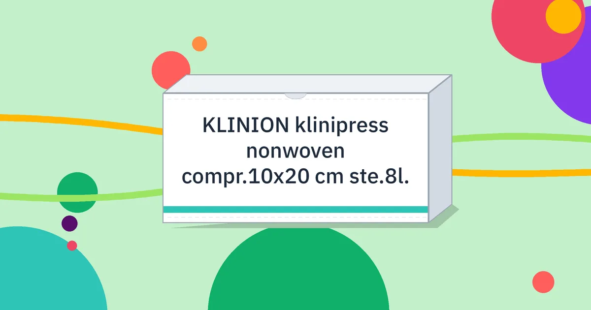 Symbolbild: Packung mit der Aufschrift KLINION klinipress nonwoven compr.10x20 cm ste.8l. (PZN 19520848) – Verfügbarkeit und Bezug in Apotheken in Frankfurt am Main