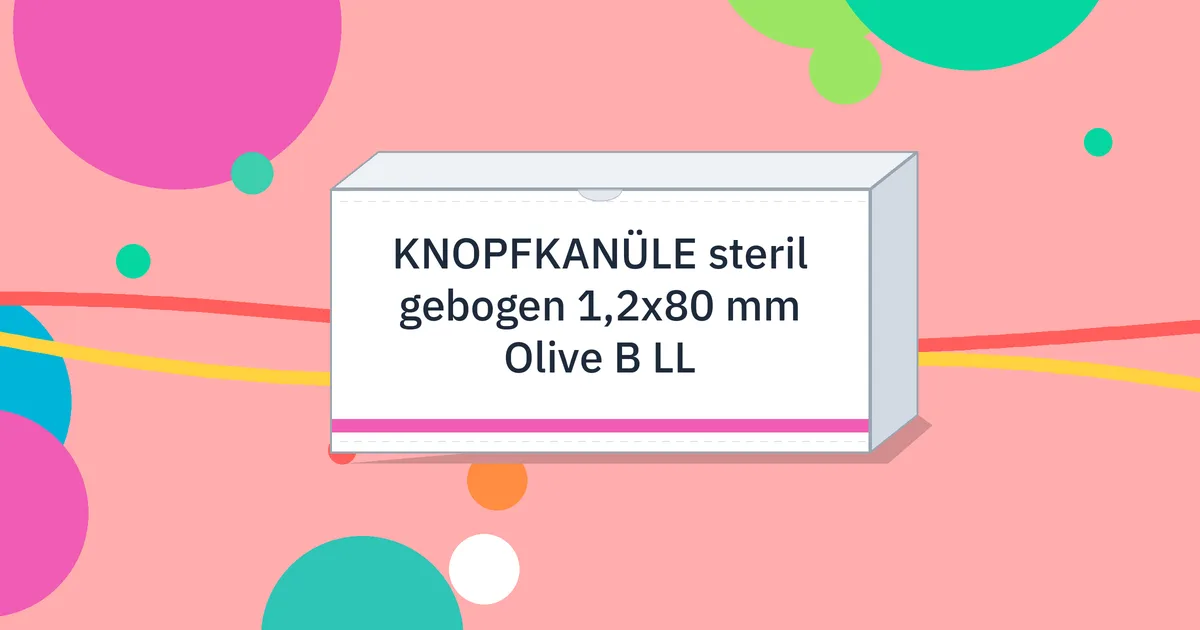 Symbolbild: Packung mit der Aufschrift KNOPFKANÜLE steril gebogen 1,2x80 mm Olive B LL (PZN 19977967) – Verfügbarkeit und Bezug in Apotheken in Frankfurt am Main
