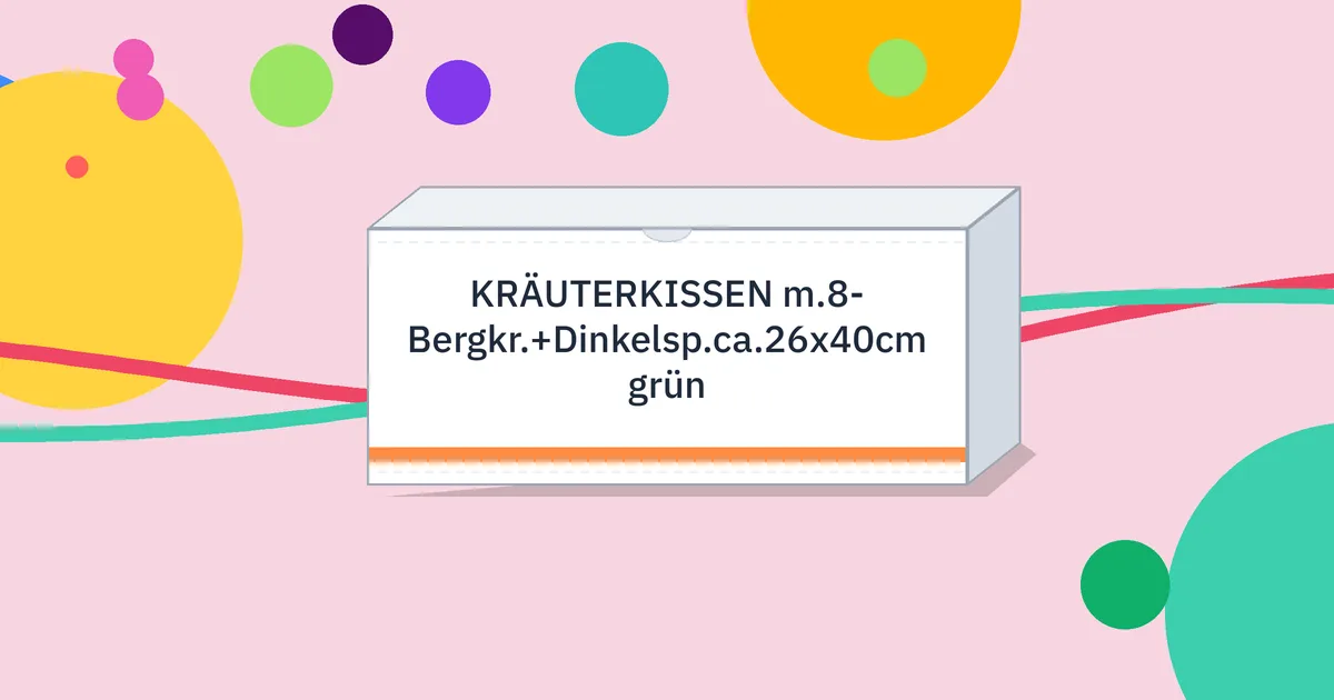 Symbolbild: Packung mit der Aufschrift KRÄUTERKISSEN m.8-Bergkr.+Dinkelsp.ca.26x40cm grün (PZN 16619546) – Verfügbarkeit und Bezug in Apotheken in Frankfurt am Main