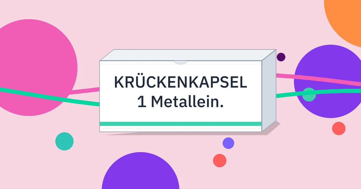 Symbolbild: Packung mit der Aufschrift KRÜCKENKAPSEL 1 Metallein. (PZN 01731378) – Verfügbarkeit und Bezug in Apotheken in Frankfurt am Main