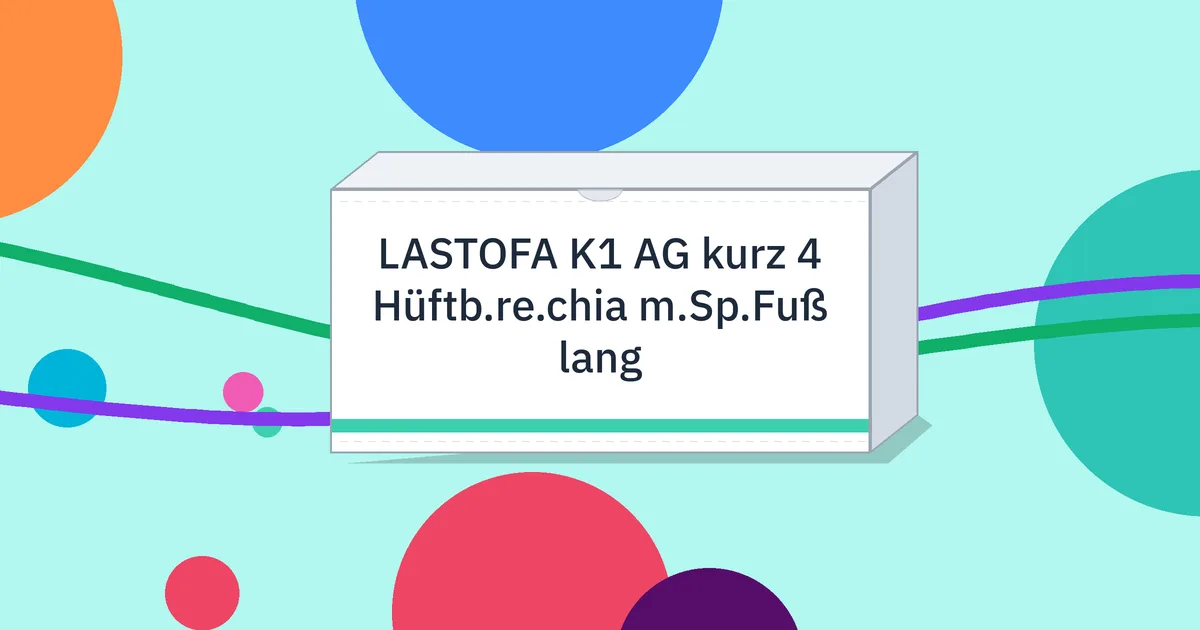 Symbolbild: Packung mit der Aufschrift LASTOFA K1 AG kurz 4 Hüftb.re.chia m.Sp.Fuß lang (PZN 13798318) – Verfügbarkeit und Bezug in Apotheken in Frankfurt am Main