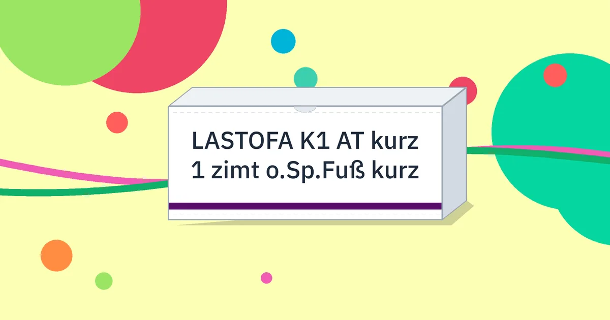 Symbolbild: Packung mit der Aufschrift LASTOFA K1 AT kurz 1 zimt o.Sp.Fuß kurz (PZN 13795107) – Verfügbarkeit und Bezug in Apotheken in Frankfurt am Main