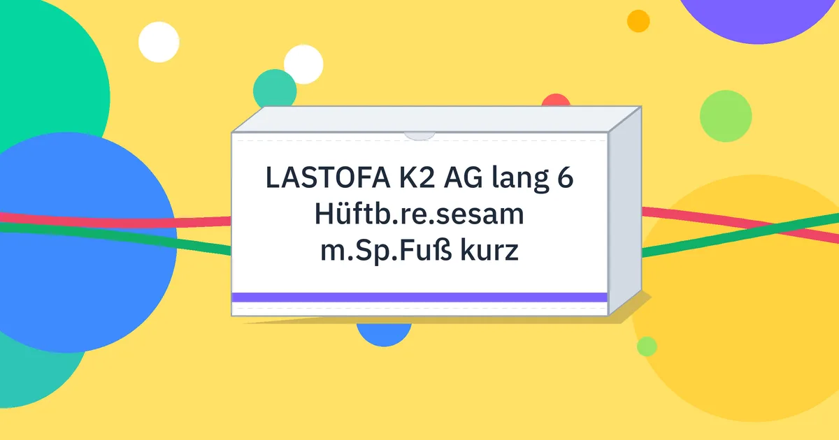 Symbolbild: Packung mit der Aufschrift LASTOFA K2 AG lang 6 Hüftb.re.sesam m.Sp.Fuß kurz (PZN 13812366) – Verfügbarkeit und Bezug in Apotheken in Frankfurt am Main