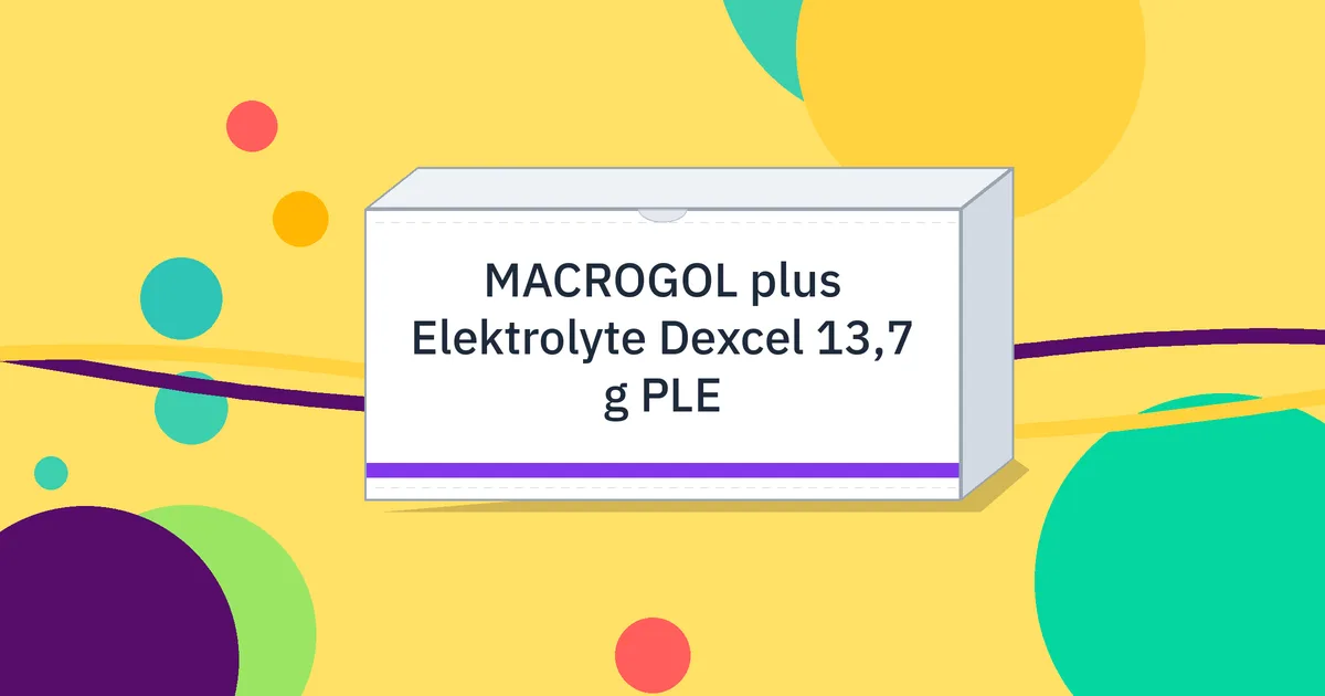 Symbolbild: Packung mit der Aufschrift MACROGOL plus Elektrolyte Dexcel 13,7 g PLE (PZN 17620959) – Verfügbarkeit und Bezug in Apotheken in Frankfurt am Main