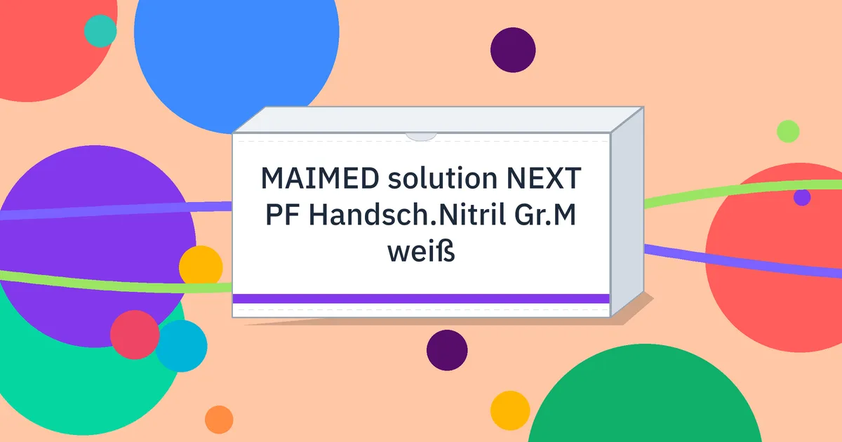 Symbolbild: Packung mit der Aufschrift MAIMED solution NEXT PF Handsch.Nitril Gr.M weiß (PZN 10308064) – Verfügbarkeit und Bezug in Apotheken in Frankfurt am Main