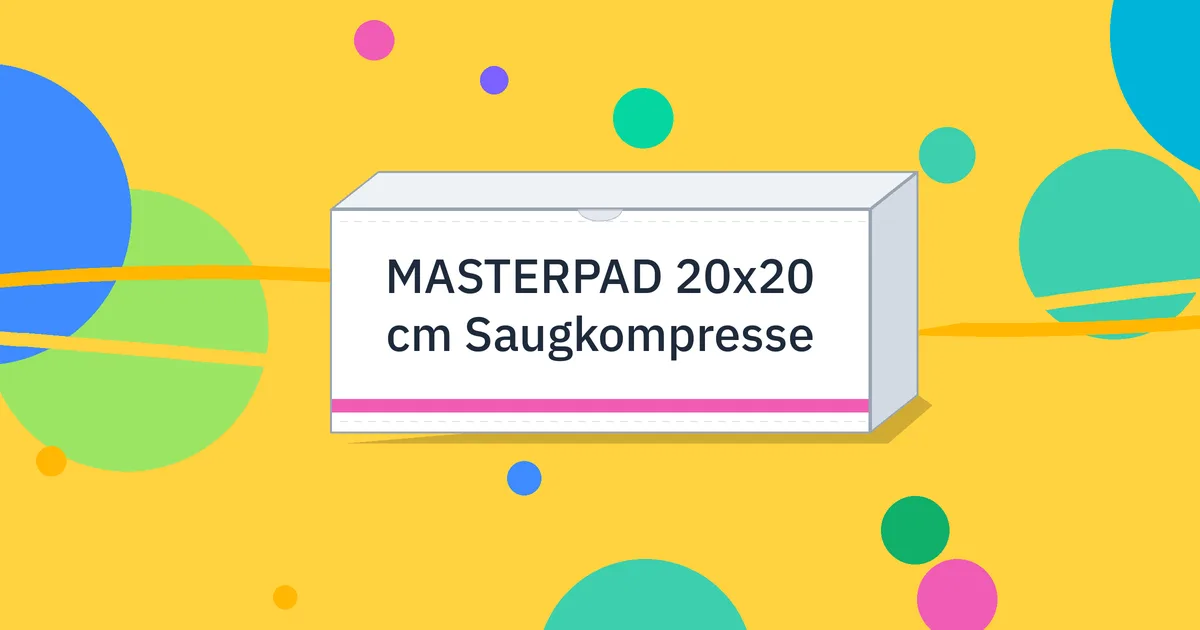 Symbolbild: Packung mit der Aufschrift MASTERPAD 20x20 cm Saugkompresse (PZN 19869491) – Verfügbarkeit und Bezug in Apotheken in Frankfurt am Main
