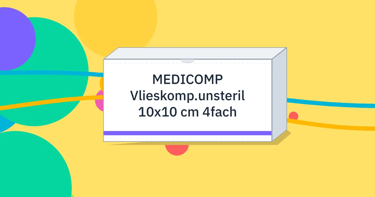 Symbolbild: Packung mit der Aufschrift MEDICOMP Vlieskomp.unsteril 10x10 cm 4fach (PZN 19760972) – Verfügbarkeit und Bezug in Apotheken in Frankfurt am Main