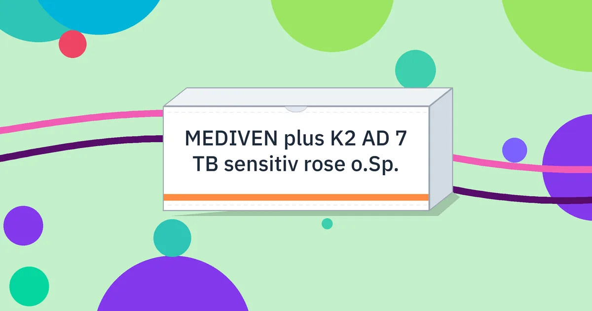 Symbolbild: Packung mit der Aufschrift MEDIVEN plus K2 AD 7 TB sensitiv rose o.Sp. (PZN 15104998) – Verfügbarkeit und Bezug in Apotheken in Frankfurt am Main