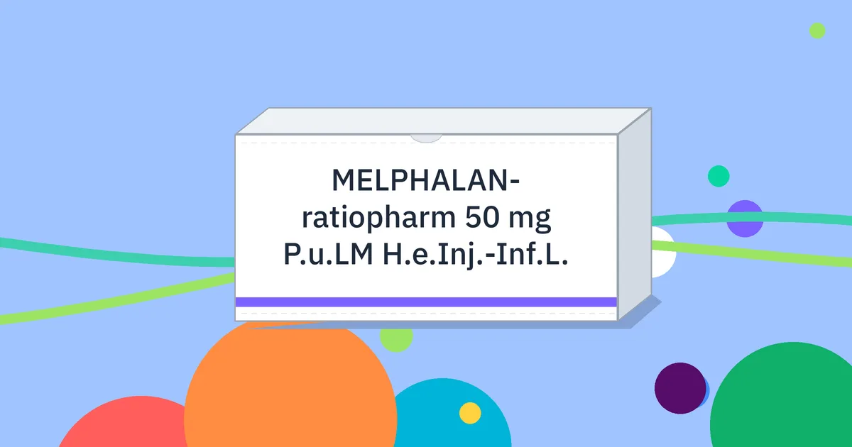 Symbolbild: Packung mit der Aufschrift MELPHALAN-ratiopharm 50 mg P.u.LM H.e.Inj.-Inf.L. (PZN 14287910) – Verfügbarkeit und Bezug in Apotheken in Frankfurt am Main