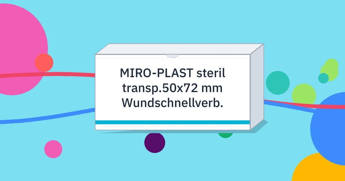 Symbolbild: Packung mit der Aufschrift MIRO-PLAST steril transp.50x72 mm Wundschnellverb. (PZN 18441029) – Verfügbarkeit und Bezug in Apotheken in Frankfurt am Main