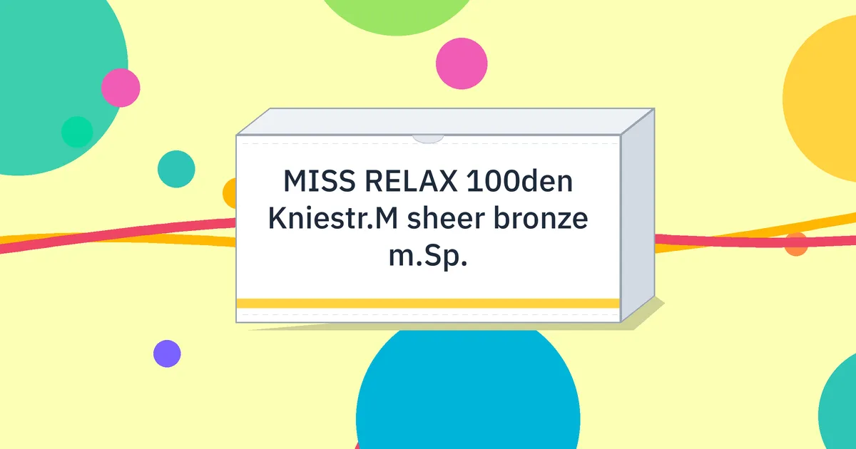 Symbolbild: Packung mit der Aufschrift MISS RELAX 100den Kniestr.M sheer bronze m.Sp. (PZN 01635485) – Verfügbarkeit und Bezug in Apotheken in Frankfurt am Main