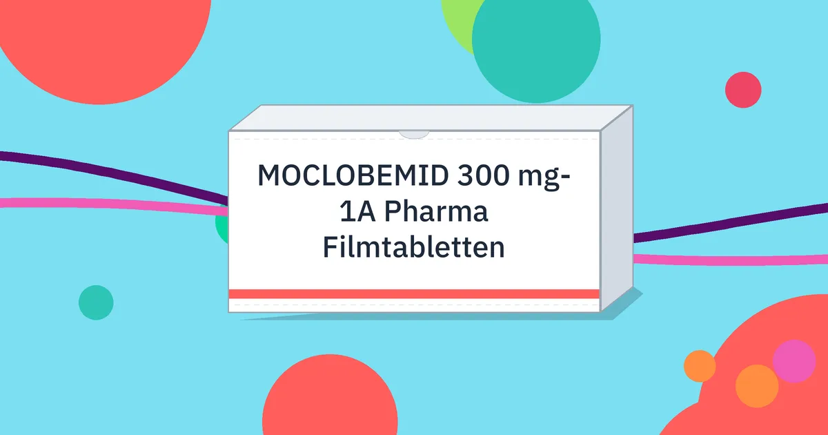 Symbolbild: Packung mit der Aufschrift MOCLOBEMID 300 mg-1A Pharma Filmtabletten (PZN 03190225) – Verfügbarkeit und Bezug in Apotheken in Frankfurt am Main