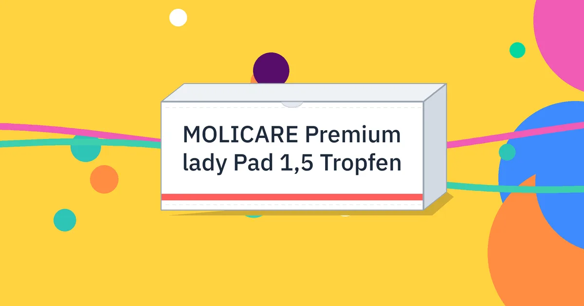 Symbolbild: Packung mit der Aufschrift MOLICARE Premium lady Pad 1,5 Tropfen (PZN 14029094) – Verfügbarkeit und Bezug in Apotheken in Frankfurt am Main
